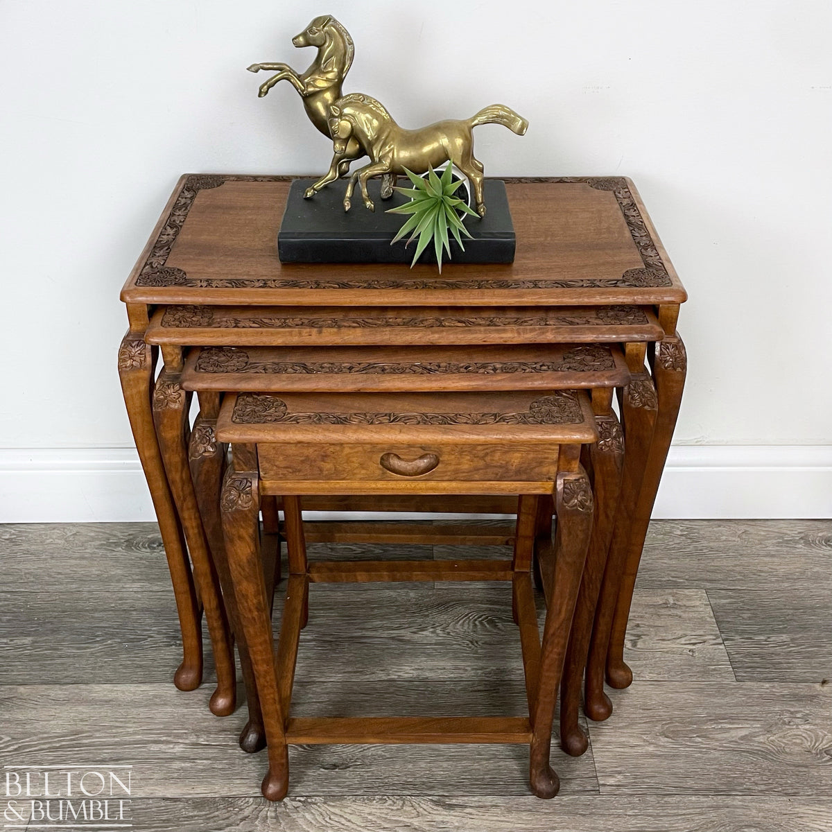 Set of Four Ornate Nesting Tables with Drawer Detail – Belton & Bumble